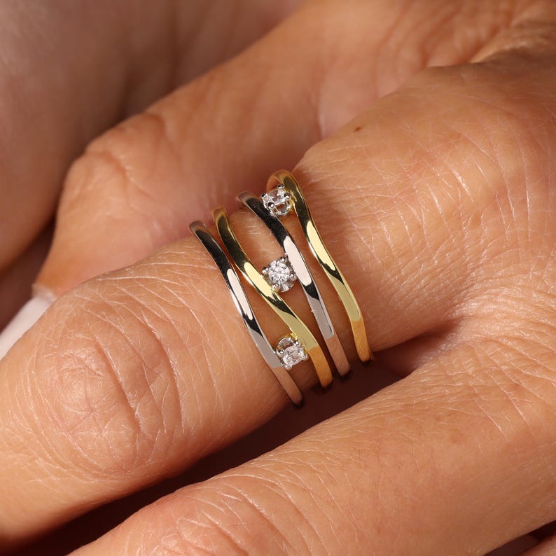 925 Sterling Silver 14K Yellow Gold Multi Stone Ring, Mixed Metal Ring ...