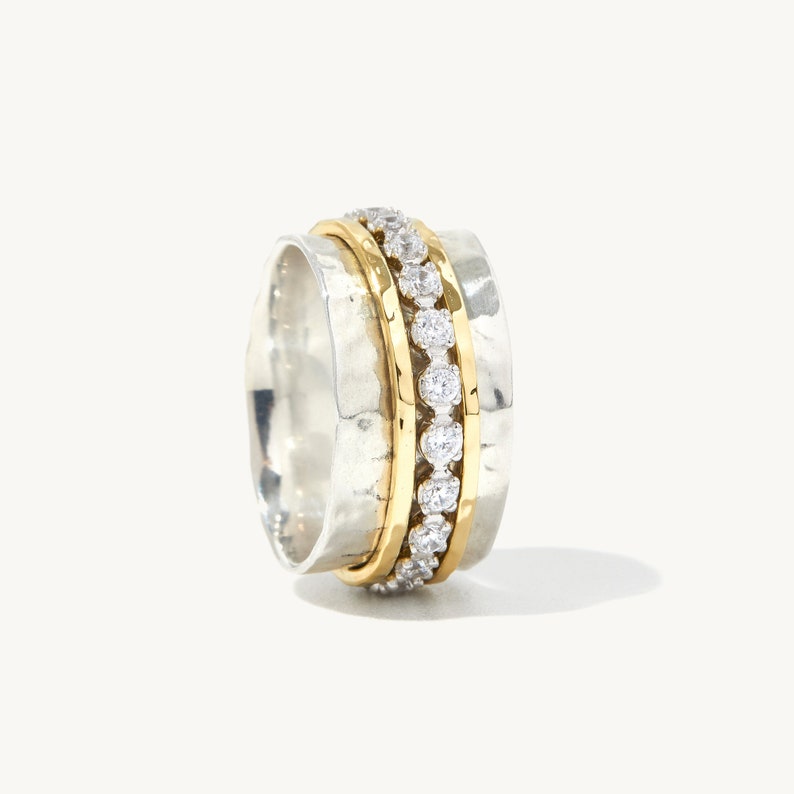 Aria Spinner Ring - Handmade 925 Sterling Silver and 14K Yellow Gold Handmade Anxiety Spinner ...