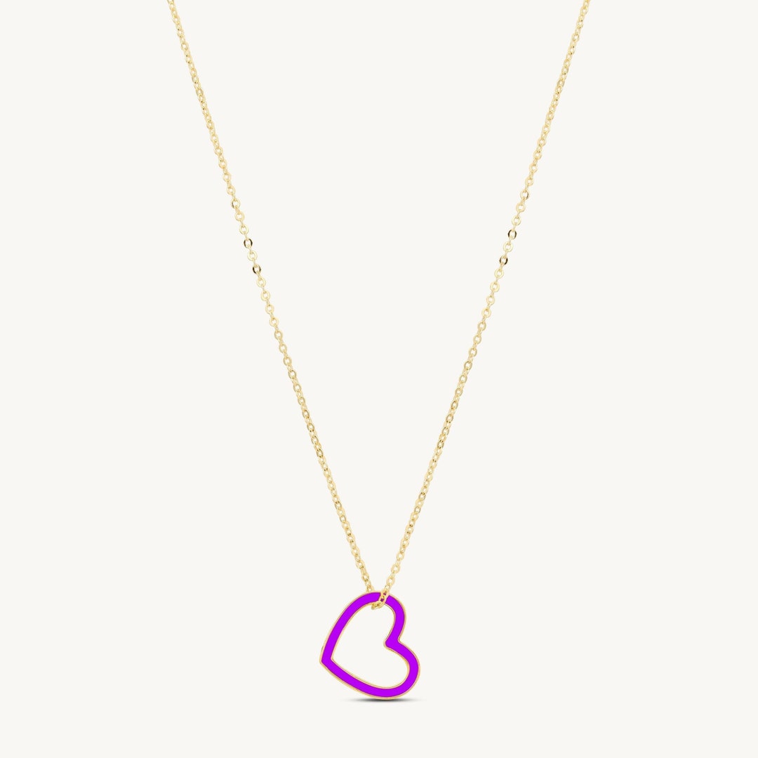Purple Heart Necklace, Gold Chain Love Pendant, Violet Enamel Jewelry ...