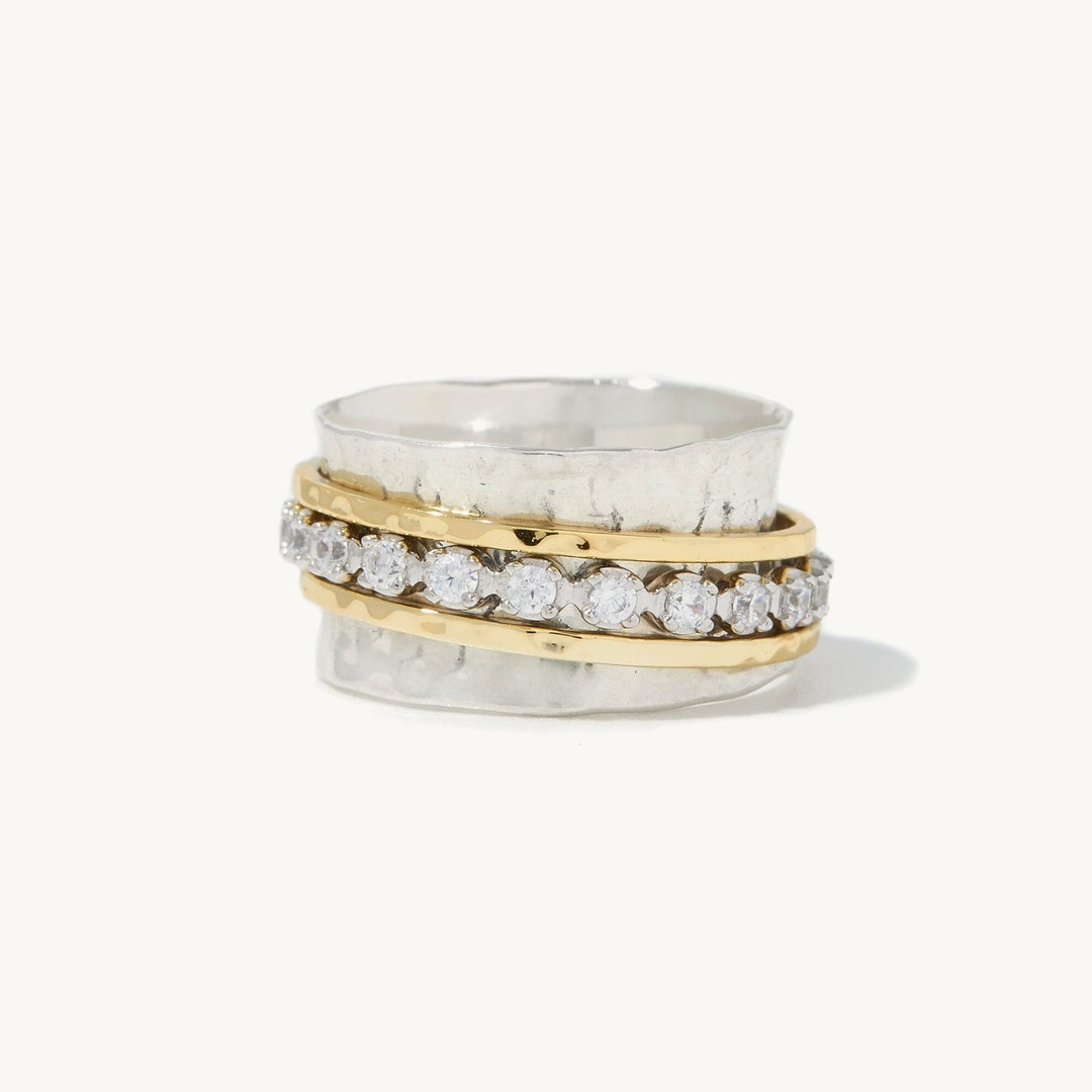 Aria Spinner Ring - Handmade 925 Sterling Silver and 14K Yellow Gold Handmade Anxiety Spinner ...