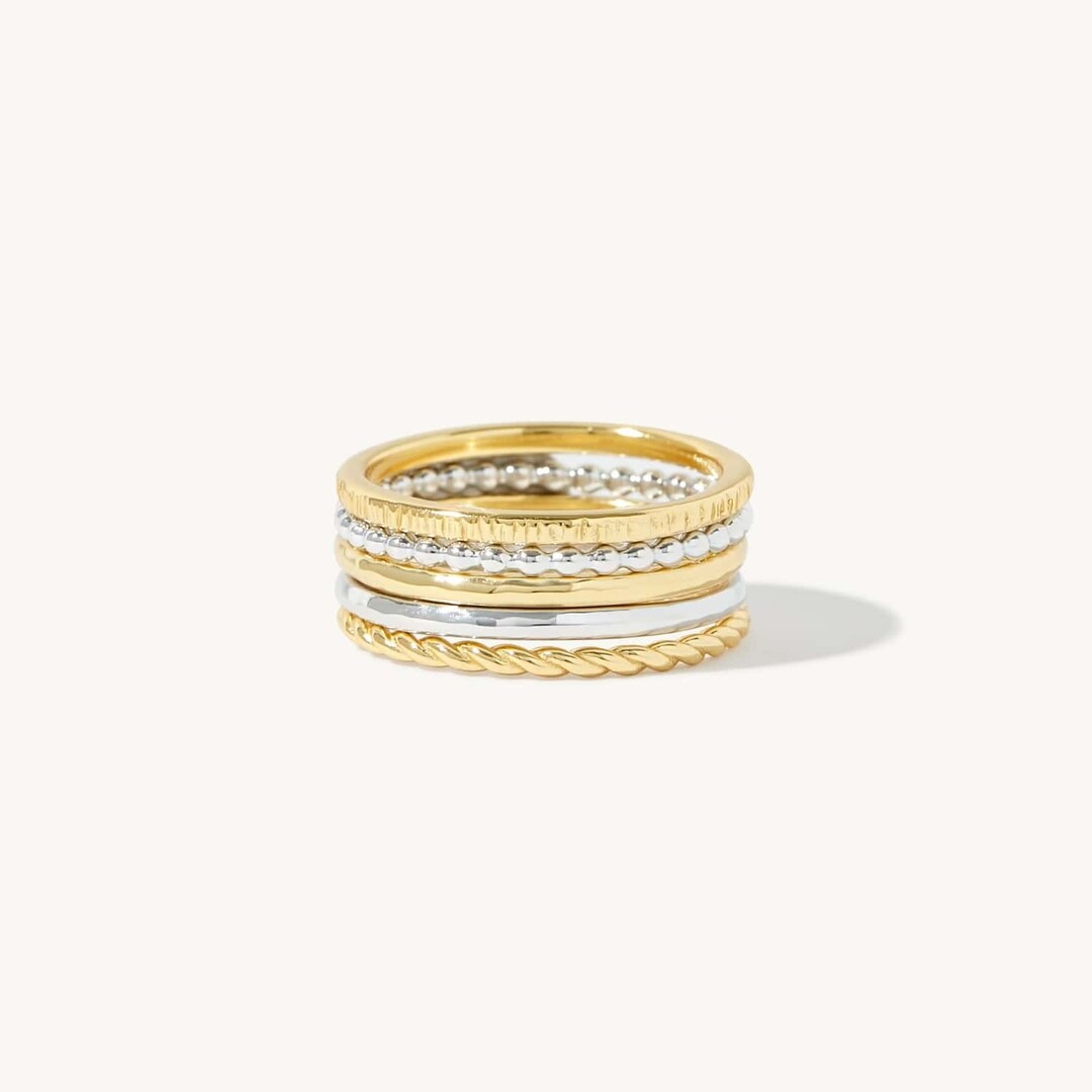 Roma Stack Ring Set - Handmade and Hammered From 925 Sterling Silver or 14K Yellow Gold Simple ...