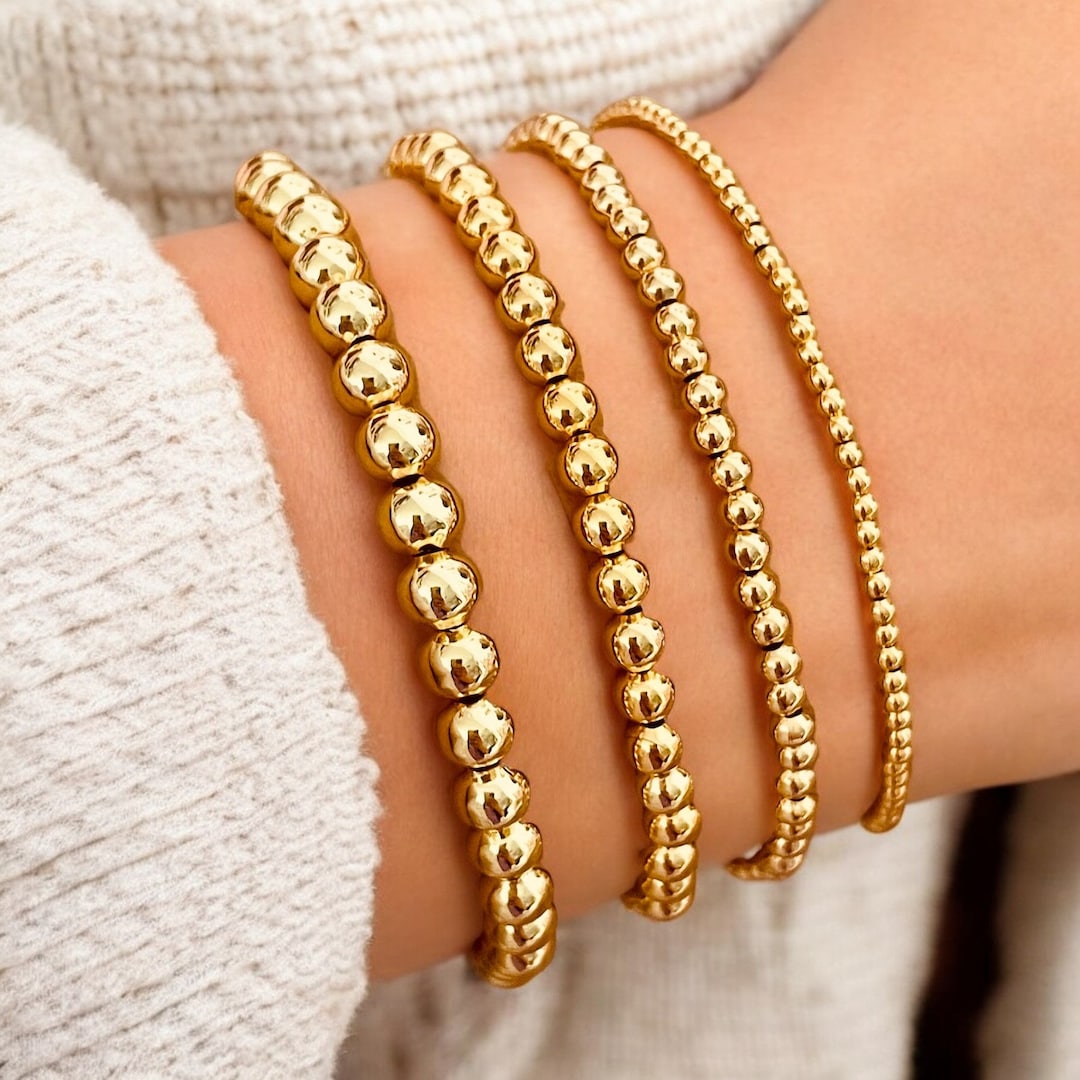 14k Gold Filled Bead Bracelet Set, Gold Ball Bracelet, 4 Piece Bracelet Set, Gold Beaded ...