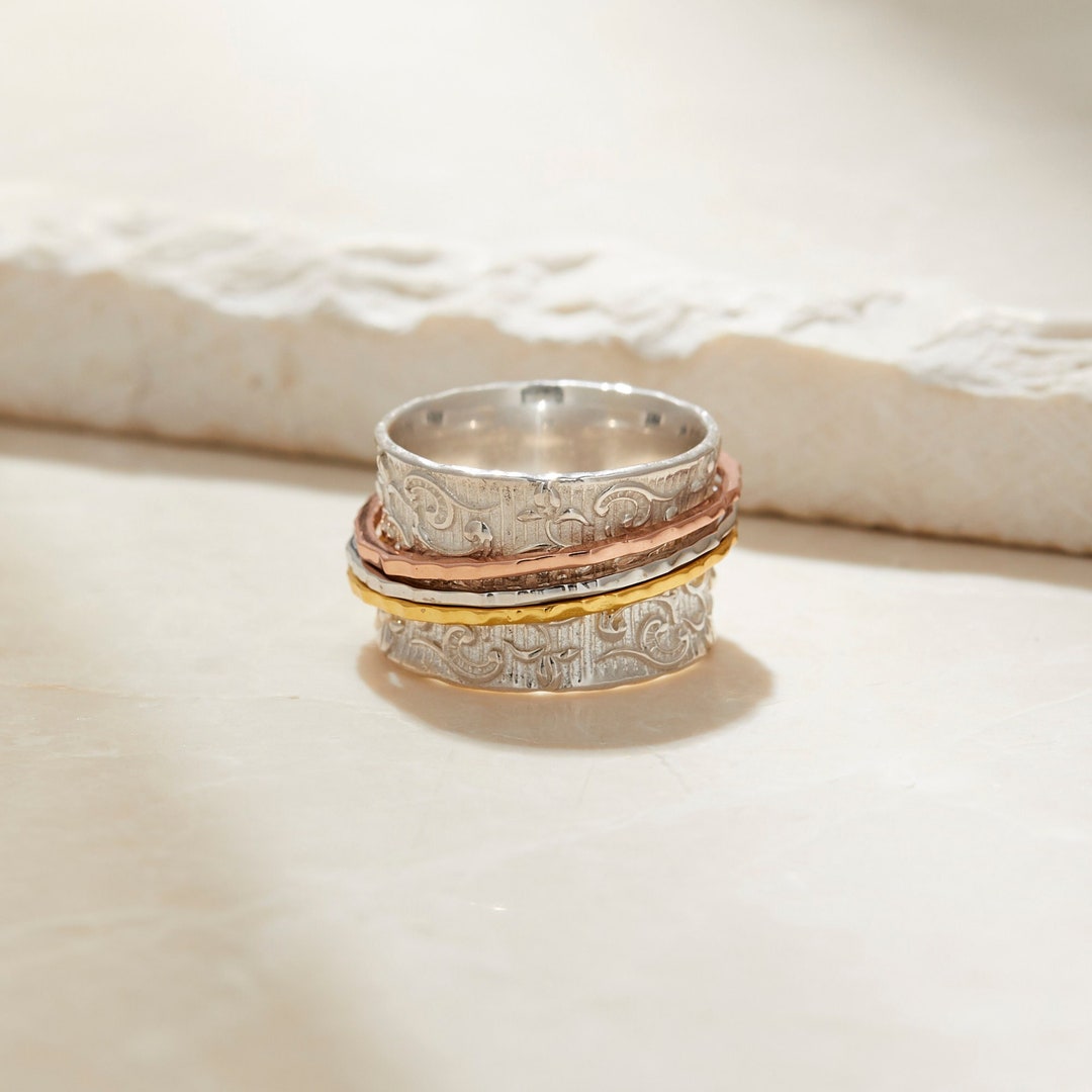 Alviva Spinner Ring - Handmade 925 Sterling Silver, Rose Gold, and Yellow Gold Handmade Anxiety ...