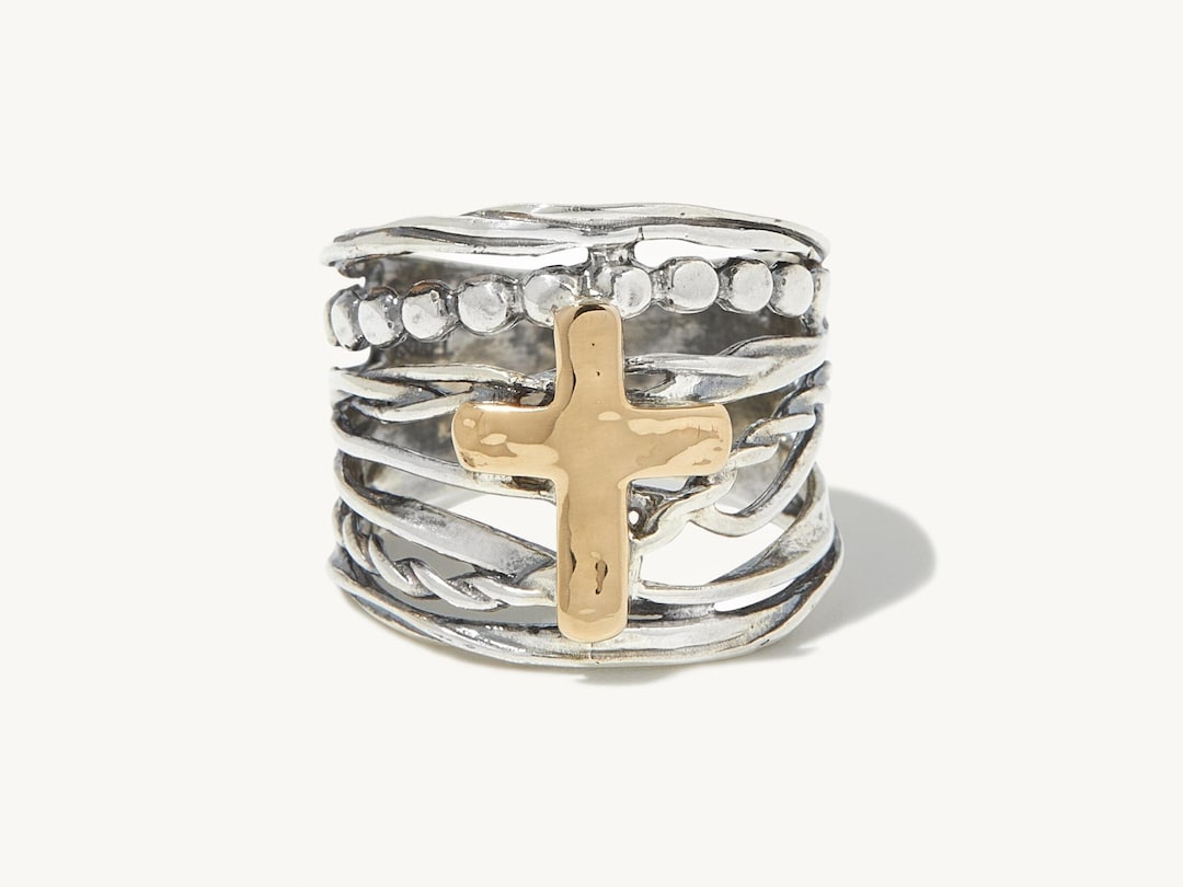 Abby Cross Faith Ring, Handmade, 925 Sterling Silver, 14K Yellow Gold ...