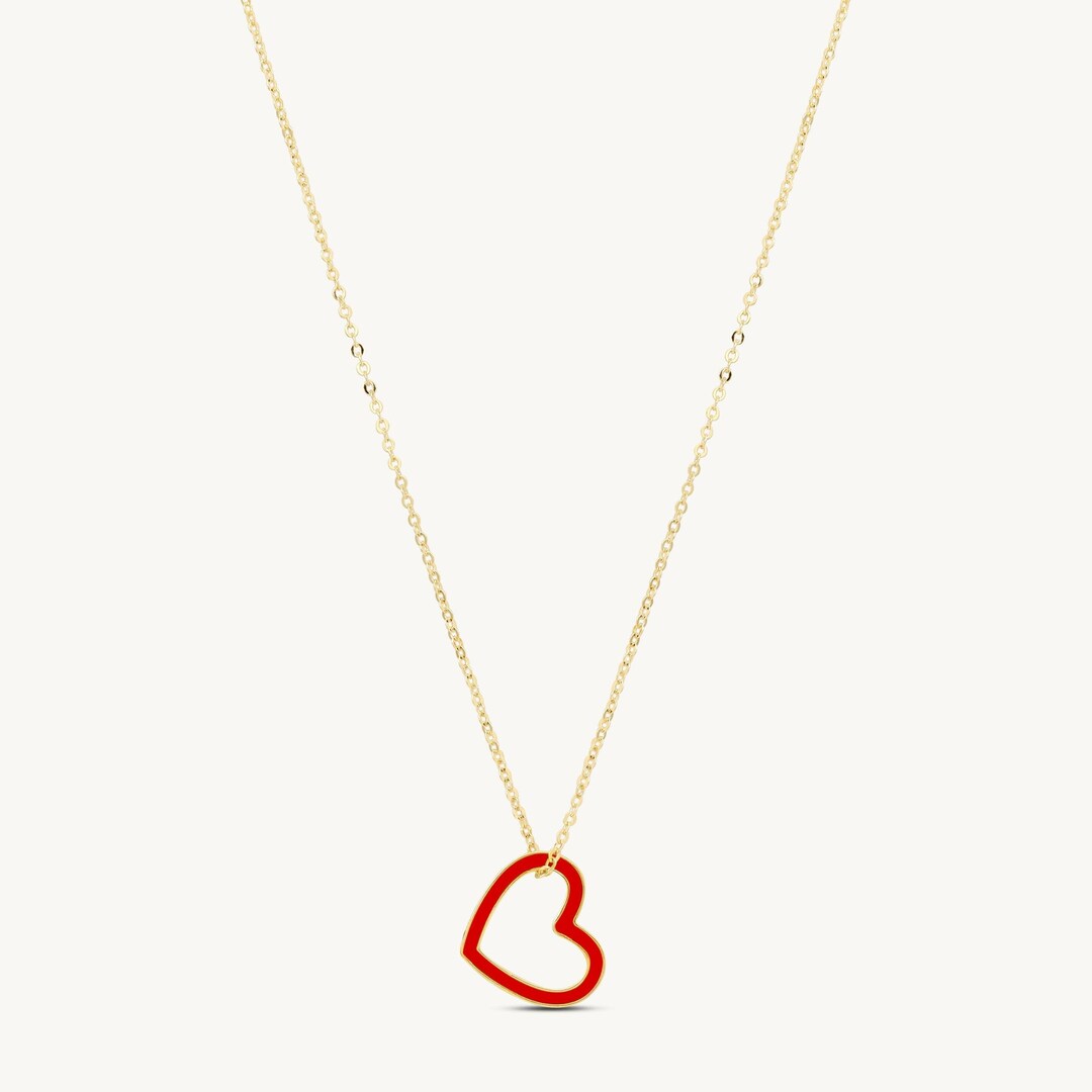 Red Heart Necklace, Gold Chain Love Pendant, Red Enamel Jewelry ...