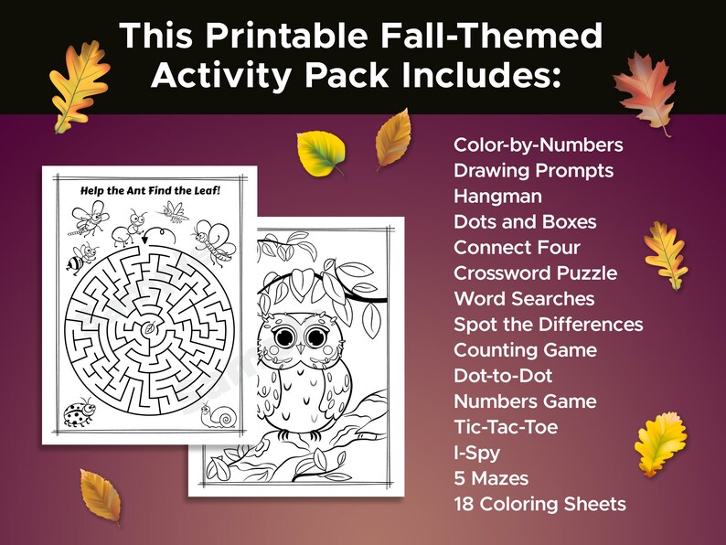 Fall Themed Kids Activity Sheets, 40 Page Bundle, Printable, Coloring ...