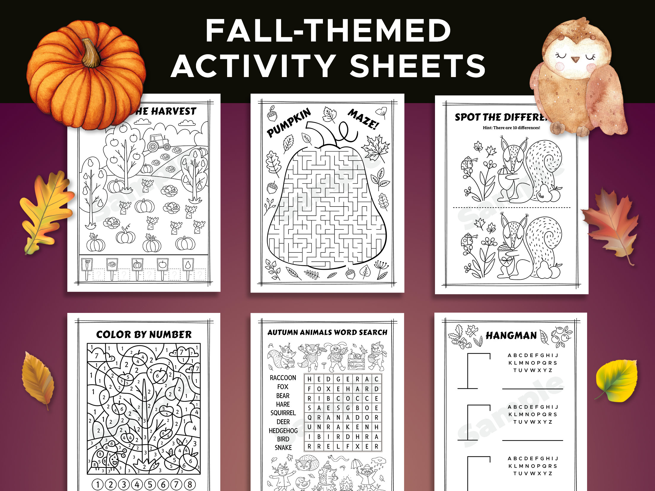 Fall Themed Kids Activity Sheets, 40 Page Bundle, Printable, Coloring ...
