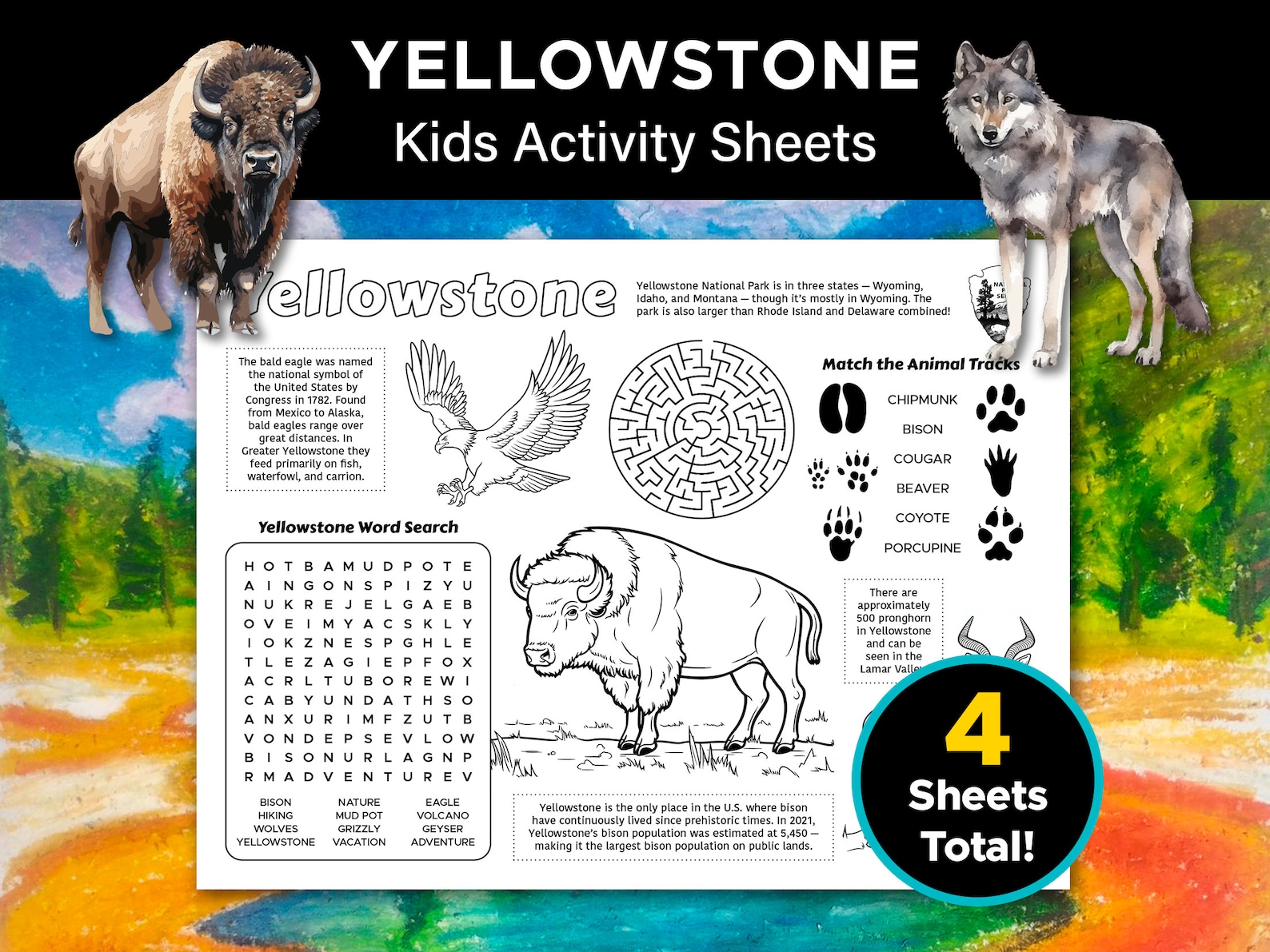 Yellowstone National Park Kids' Educational Activity Sheets – 4 Pages ...