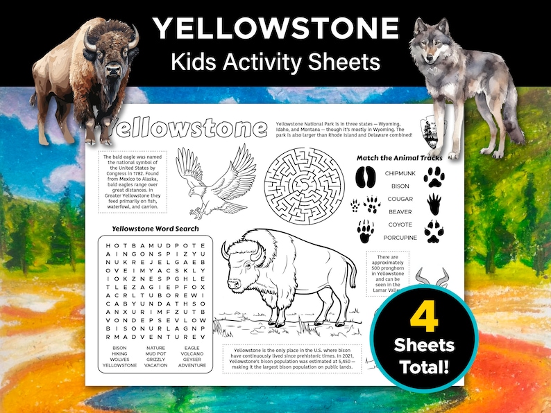 Yellowstone National Park Kids' Educational Activity Sheets – 4 Pages ...