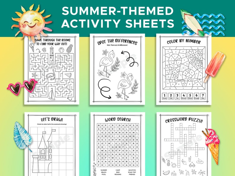 Summer Themed Kids Activity Sheets, 30 Page Bundle, Printable, Coloring ...