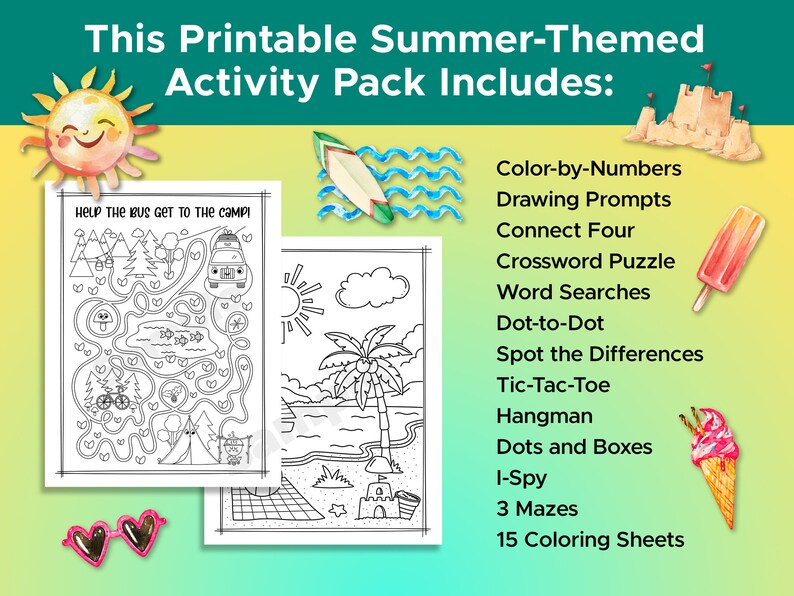 Summer Themed Kids Activity Sheets, 30 Page Bundle, Printable, Coloring ...