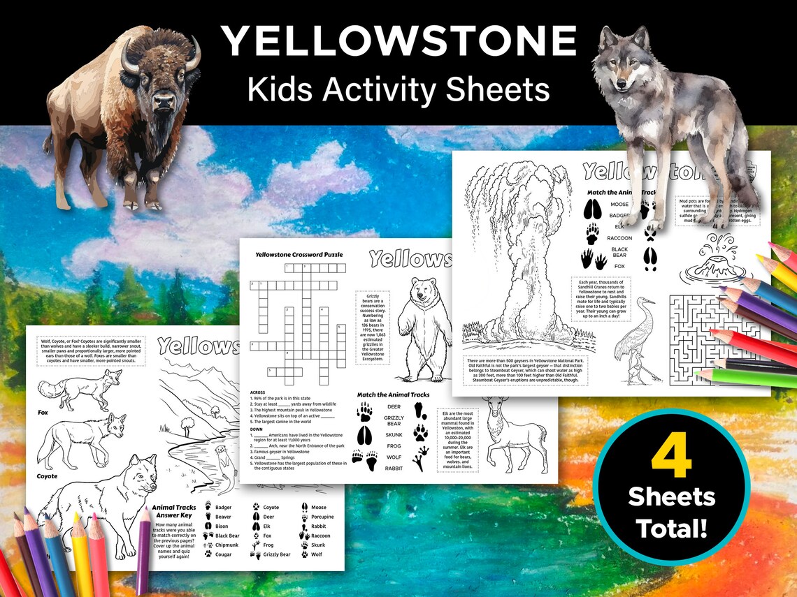 Yellowstone National Park Kids' Educational Activity Sheets – 4 Pages ...