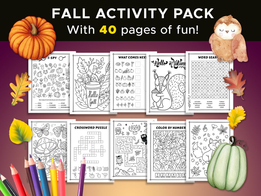 Fall Themed Kids Activity Sheets, 40 Page Bundle, Printable, Coloring ...