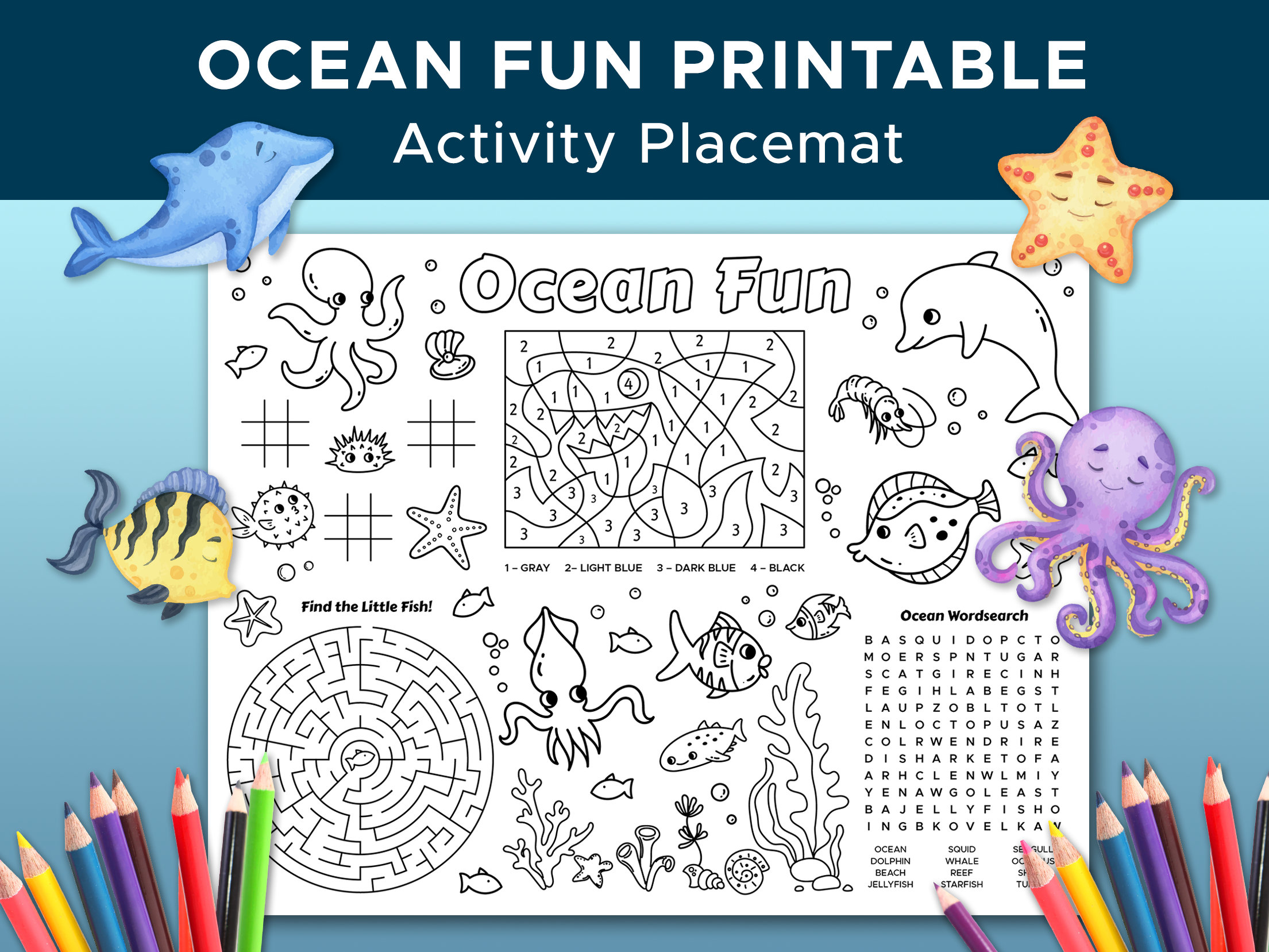 Ocean Themed Activity Sheet, Sea Creature Coloring Sheet, Under the Sea ...