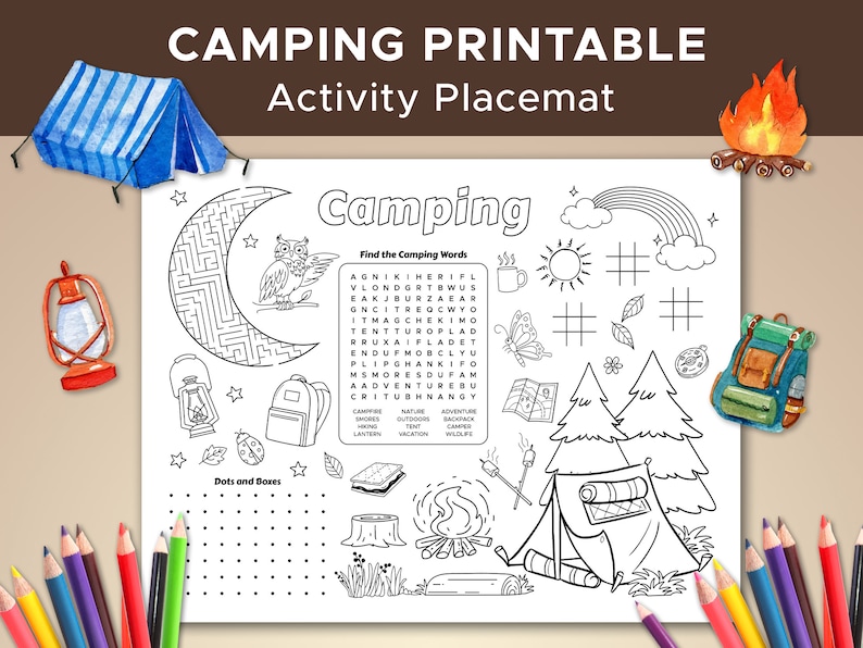 Camping Themed Activity Sheet, Camping Coloring Sheet, Camping Party ...