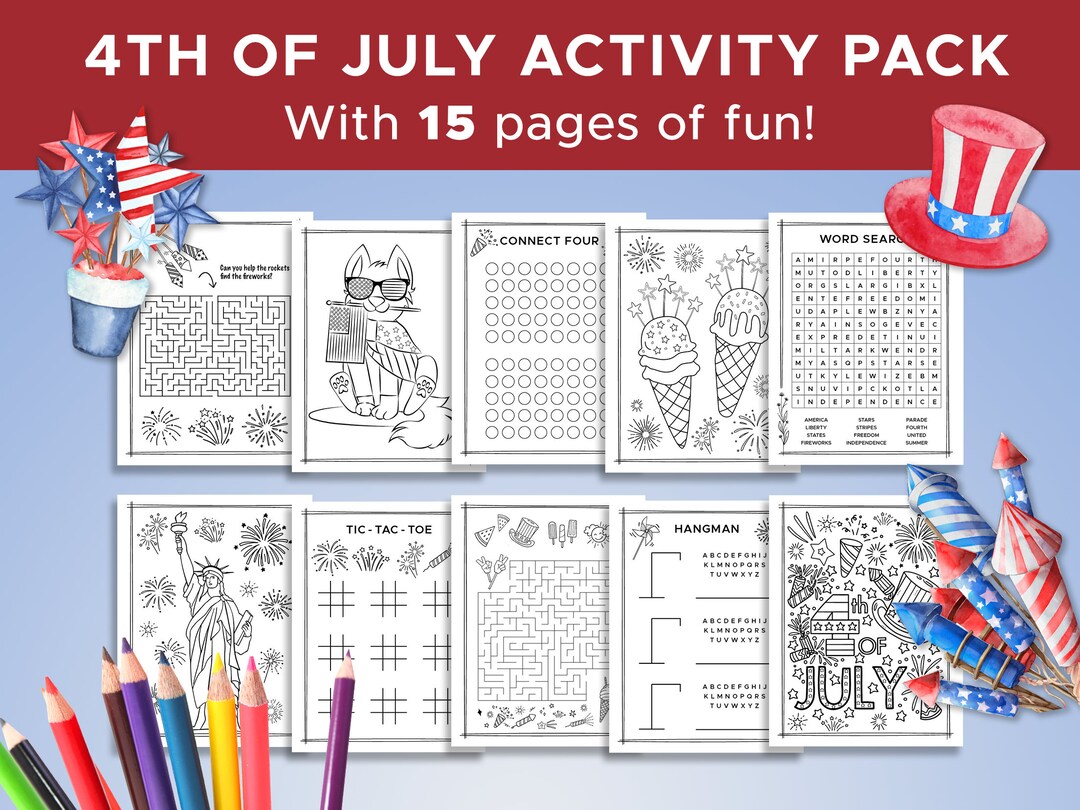 4th of July Kids Activity Sheets, 15 Pages, Printable, Coloring Pages ...