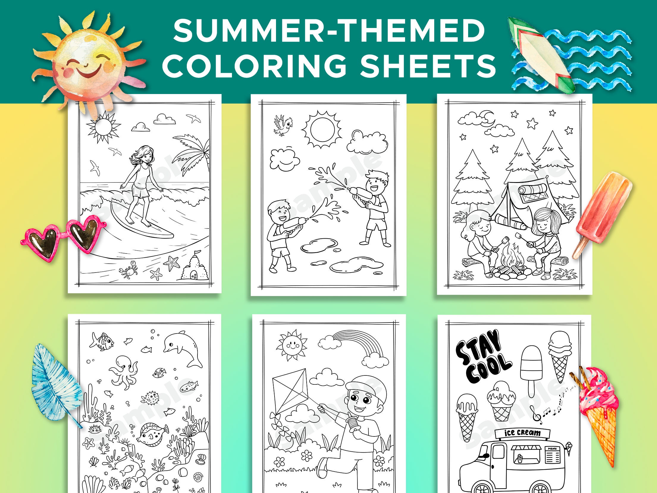 Summer Themed Kids Activity Sheets, 30 Page Bundle, Printable, Coloring ...