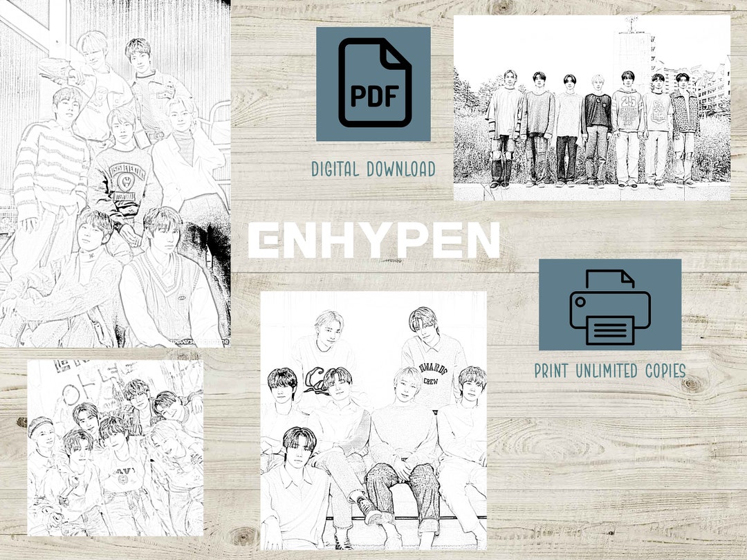 ENHYPEN Libro para colorear en escala de grises, 21 páginas para ...