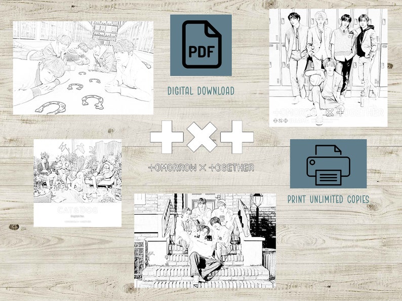 TXT Grayscale Coloring Book, 26 Kpop Coloring Pages, Digital Download ...