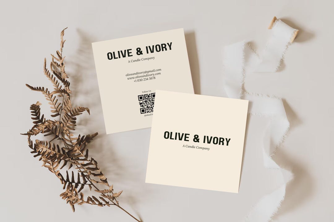 Simple Elegant Olive Ivory Square Business Card Canva Template, Small ...