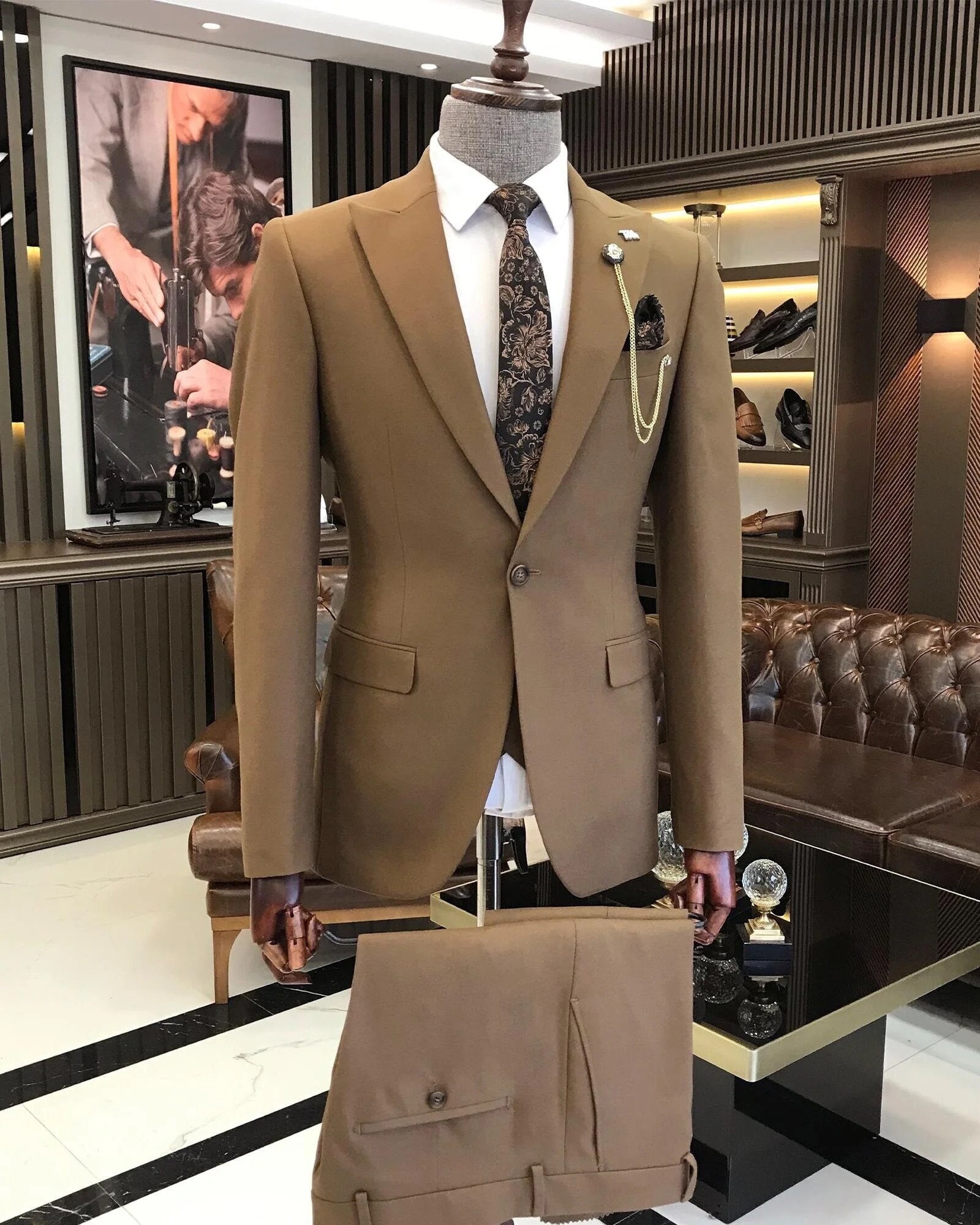 Brown Slim-fit Solid Suit Mens Suit 3 Piece Suit Mens Brown Wedding ...