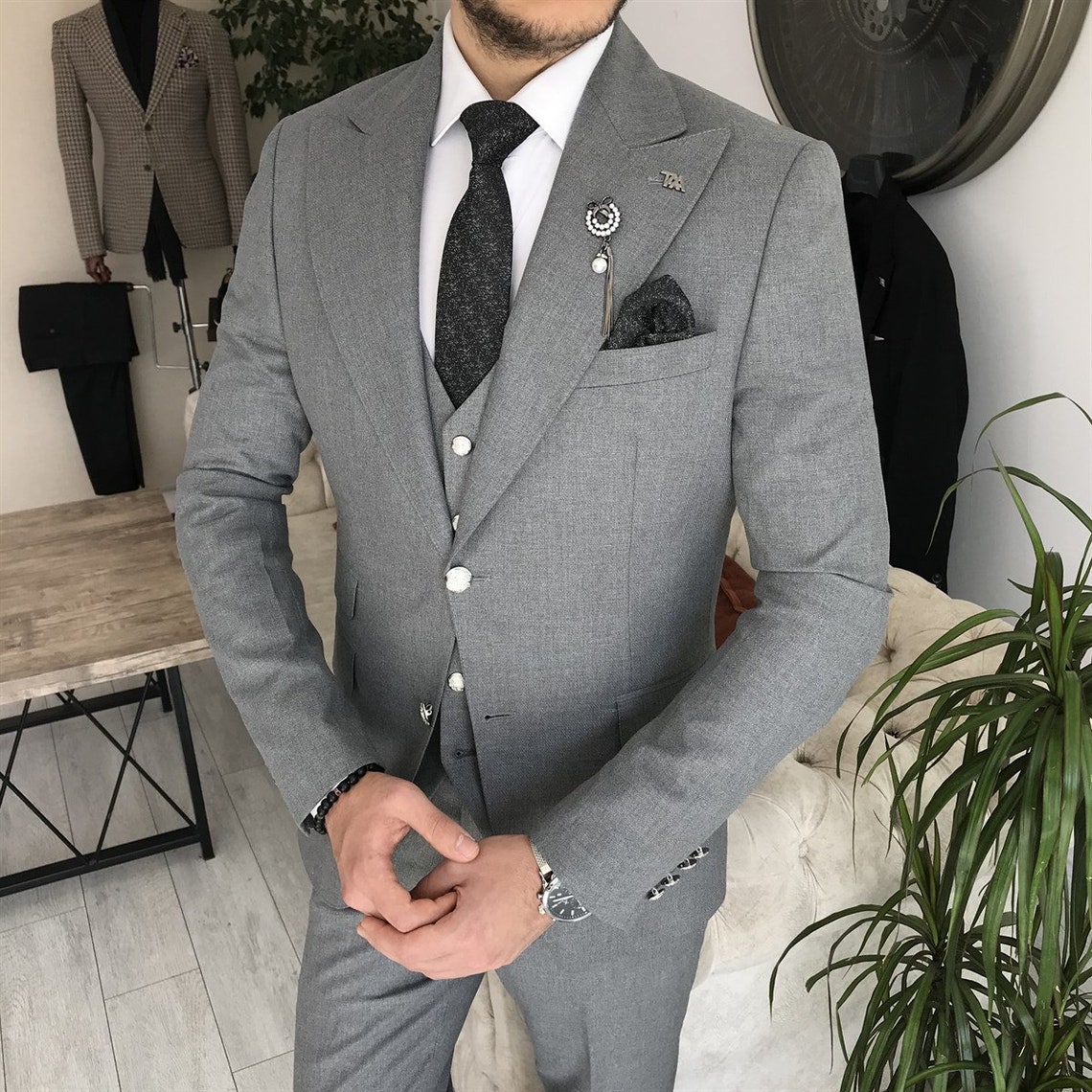 Gray Slim-fit Suit Mens Suit 3 Piece Suit Mens Gray - Etsy