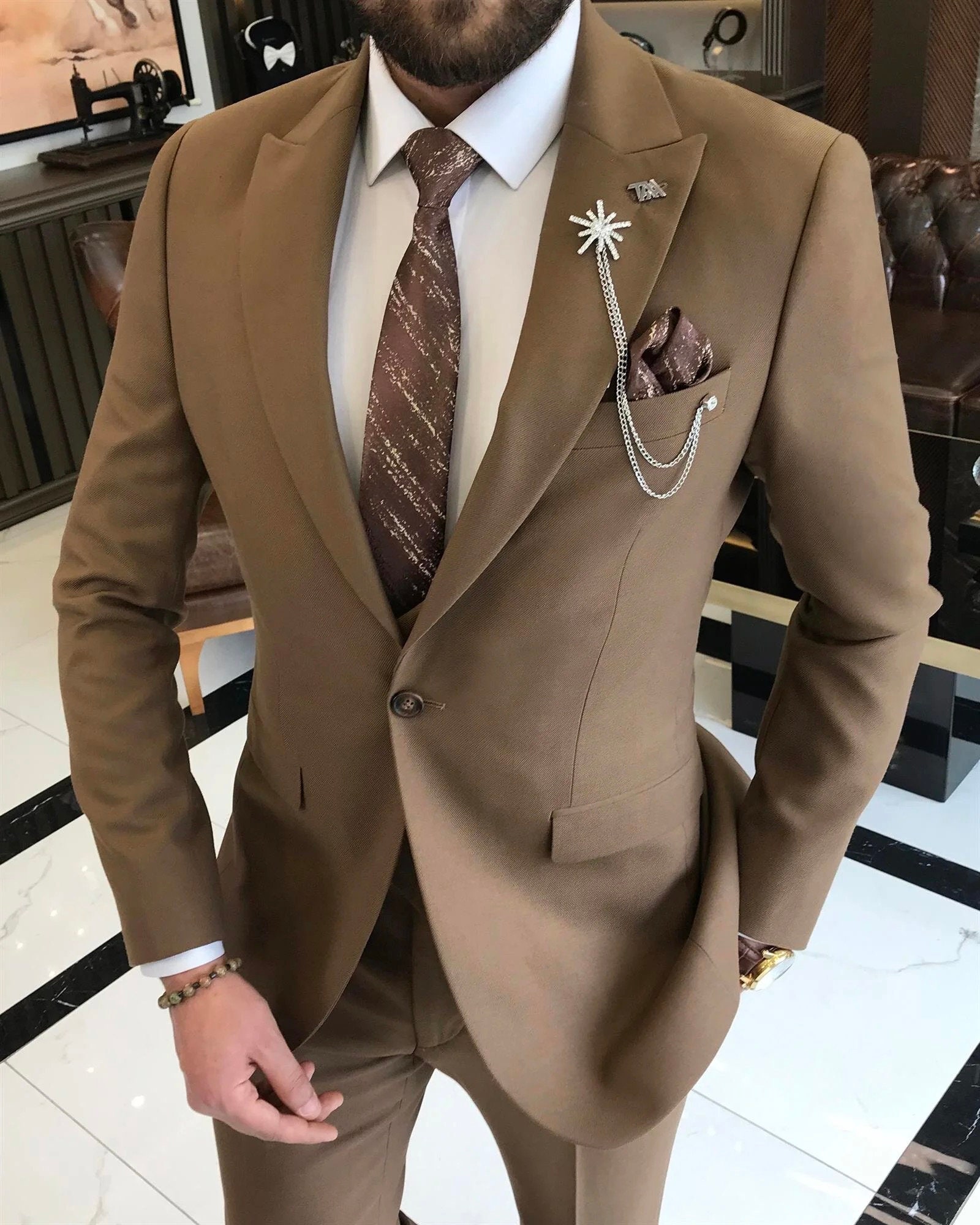 Brown Slim-fit Solid Suit Mens Suit 3 Piece Suit Mens Brown Wedding ...