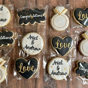 Classy Black and Gold Engagement Themed Decorated Cookies, Ring ...