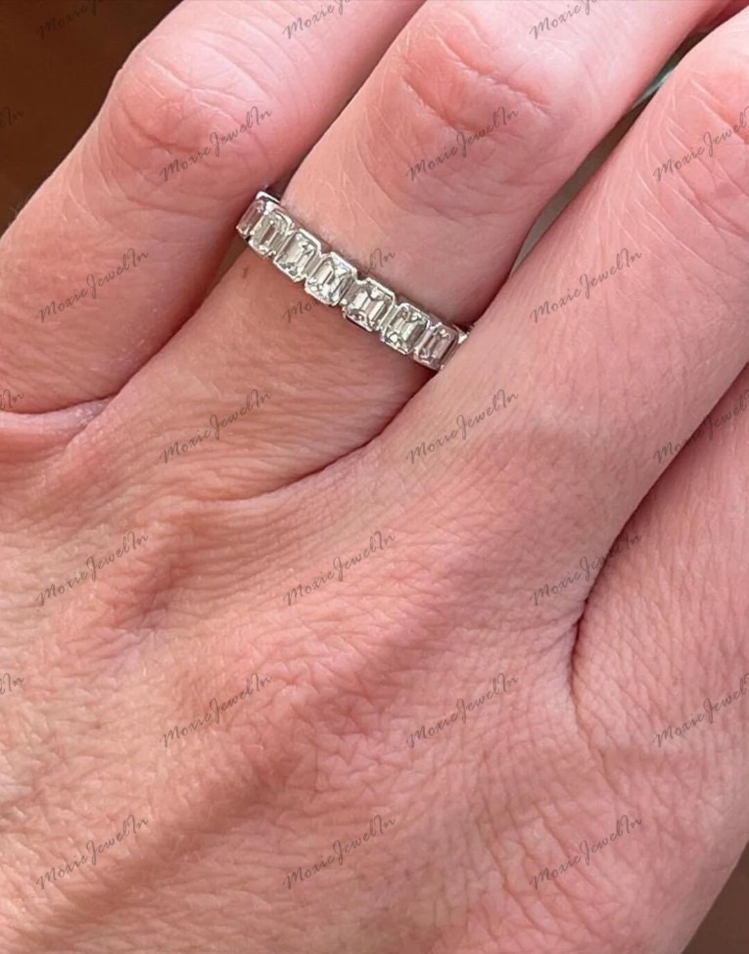 Bezel Set Band, Full Eternity Band, Emerald Cut Moissanite Engagement ...