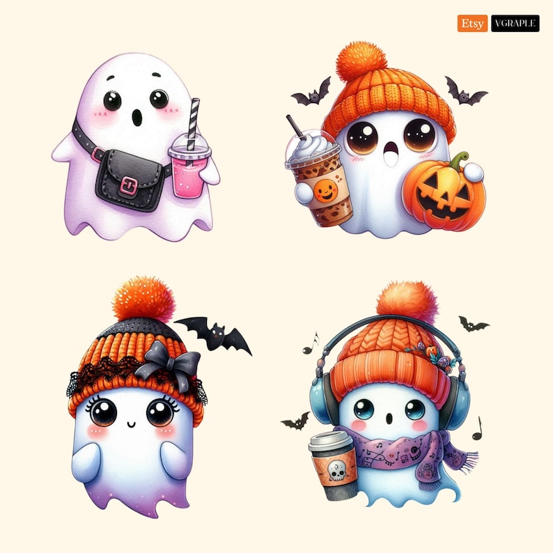 Cute Ghost Halloween Graphics Bundle – 30 PNG Clipart, Commercial Use ...
