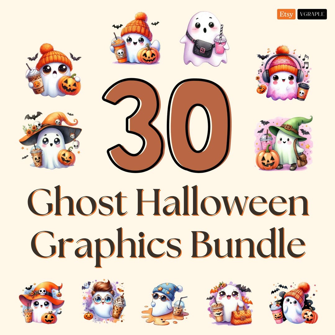 Cute Ghost Halloween Graphics Bundle – 30 PNG Clipart, Commercial Use ...