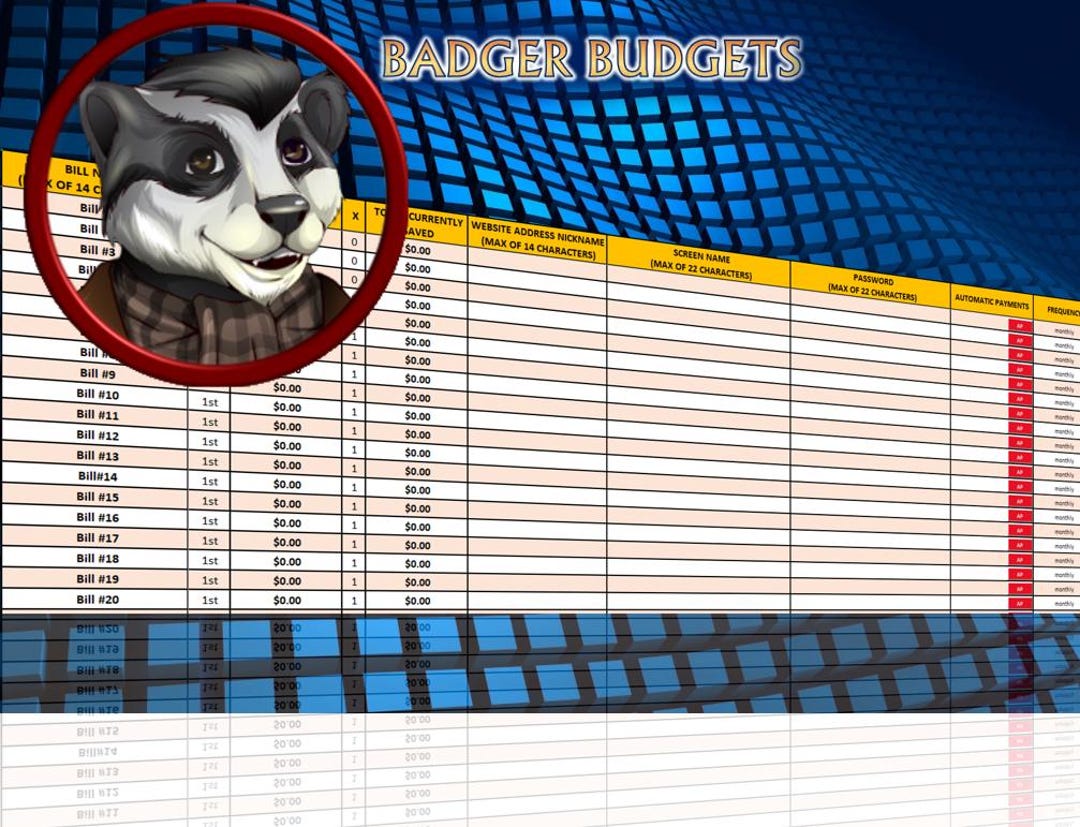 Badger Budget Tracker: Easy Bill Management (excel Template Digital ...