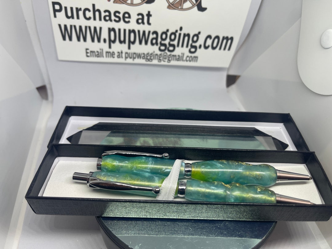 Green and Blue Acrylic Pen and Pencil Set With Metallic Gold Flakes and ...