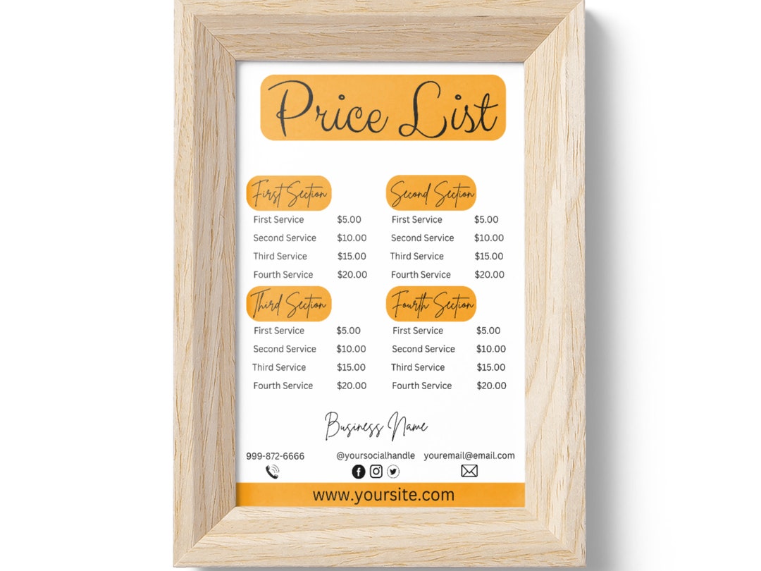 Printable Price List Template Canva, Pricing, Editable Price List ...