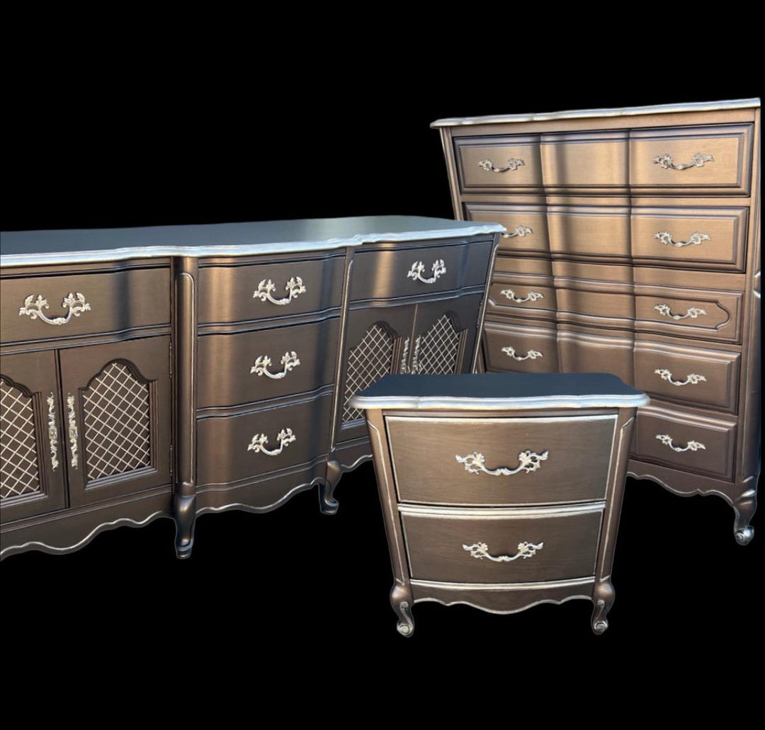 Gorgeous High-end Handpainted Metallic Bronze Traditional French Provincial Dresser Set Highboy ...