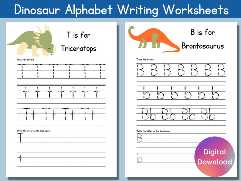 Dinosaur Alphabet Letter Tracing & Writing Worksheets | Alphabet ...