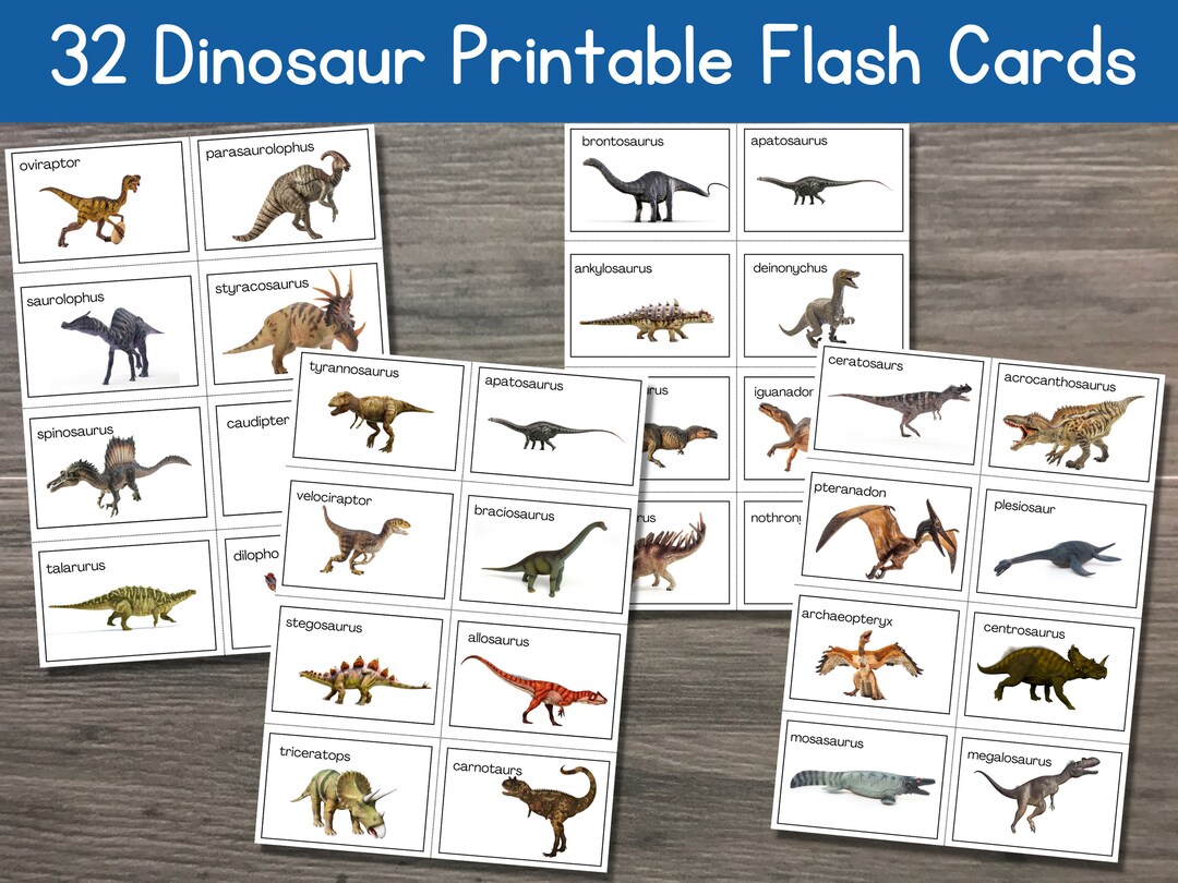 32 Dinosaur Printable Flash Cards | Dinosaur Cards | Dinosaur Memory ...