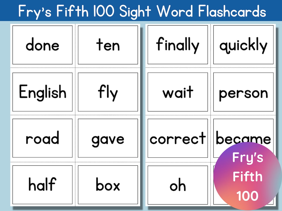 Fry's Fifth 100 Printable Sight Word Flashcards - Etsy