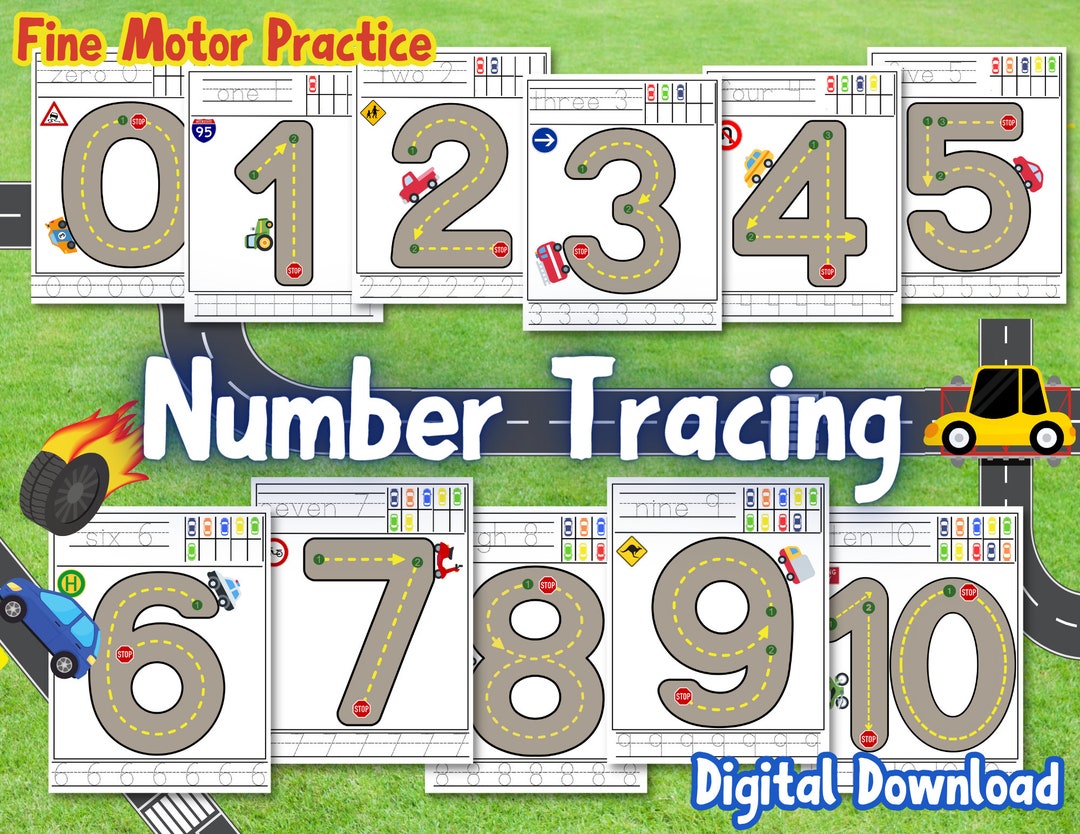 Number Tracing Car Activity Play Set Tracing Handwriting Page Instant ...