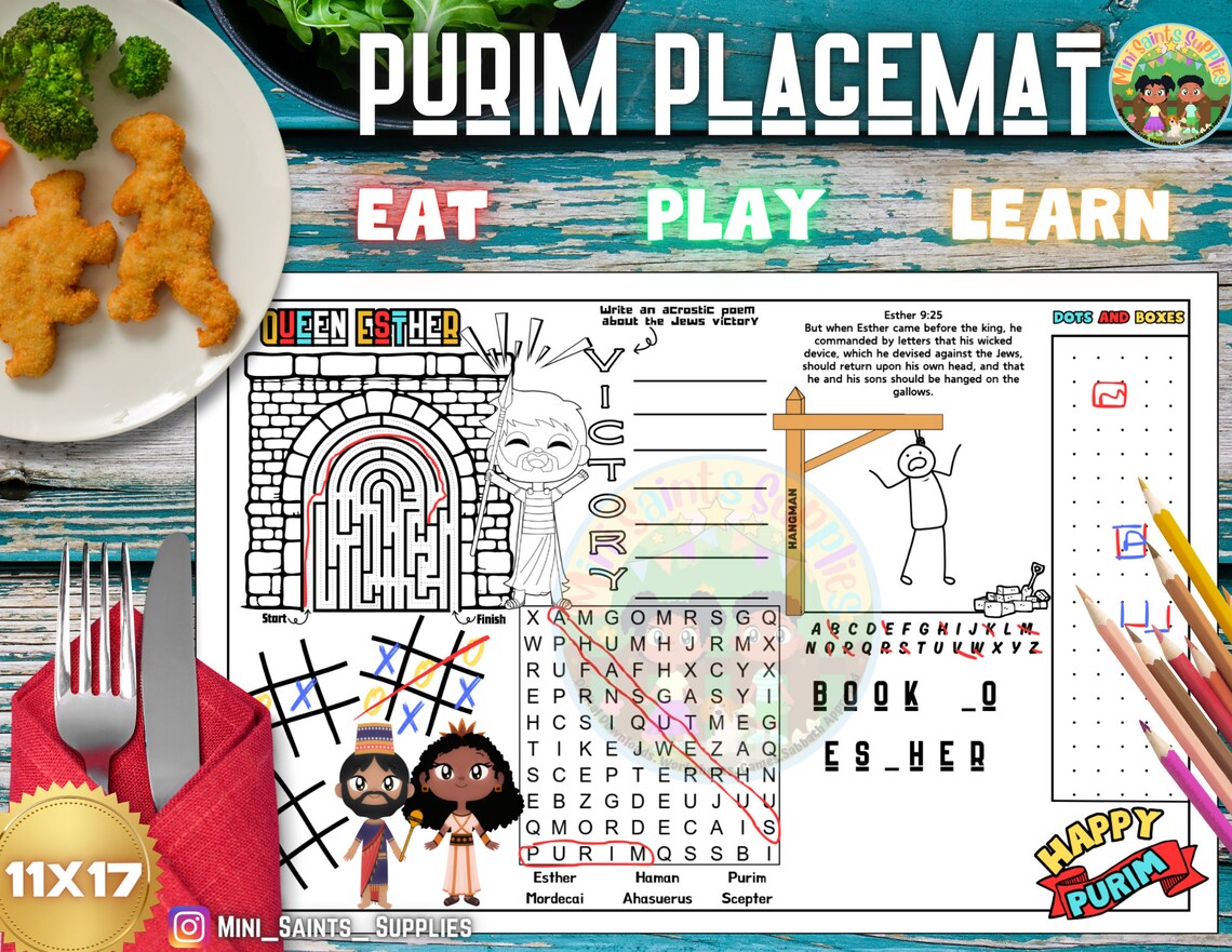 Purim Book of Esther Feast Day Placemats Seder Kids Activity Placemat ...