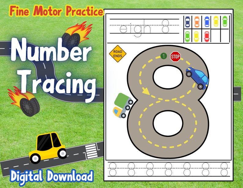 Number Tracing Car Activity Play Set Tracing Handwriting Page Instant ...