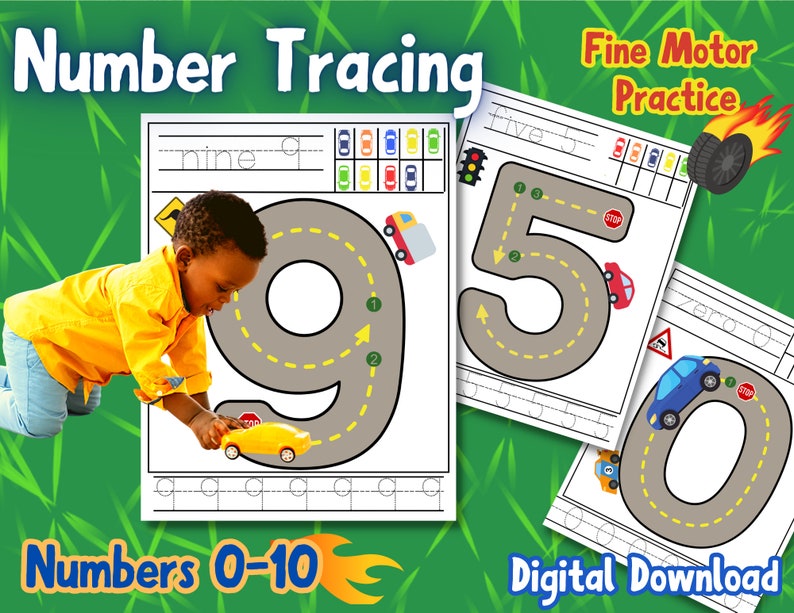 Number Tracing Car Activity Play Set Tracing Handwriting Page Instant ...