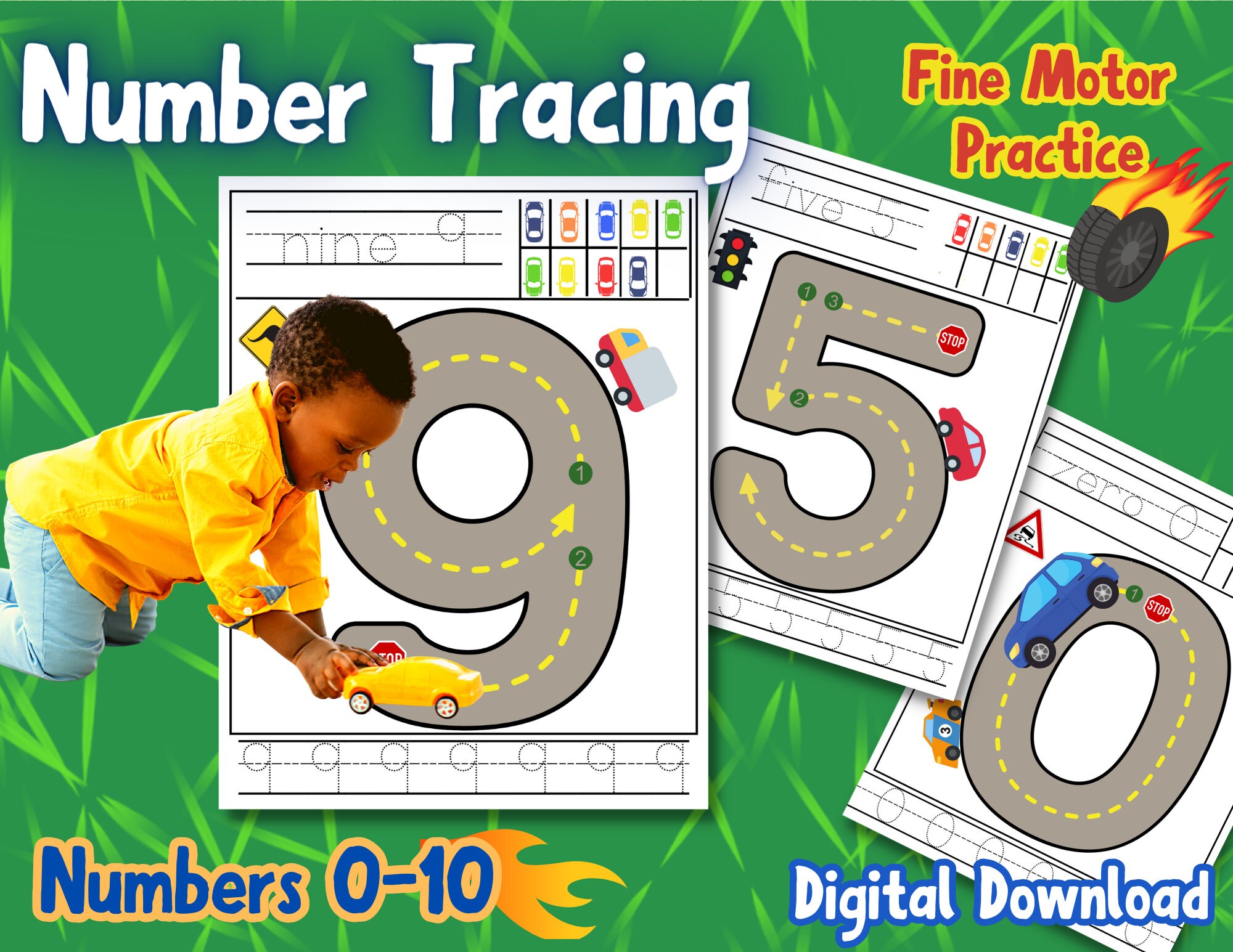 Number Tracing Car Activity Play Set Tracing Handwriting Page Instant ...