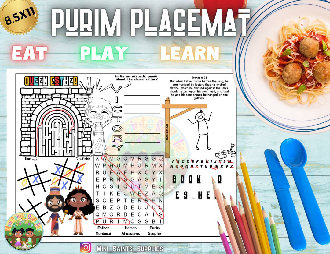 Esther Bible Activity Placemat Purim Feast Day Placemats Kids Bible ...