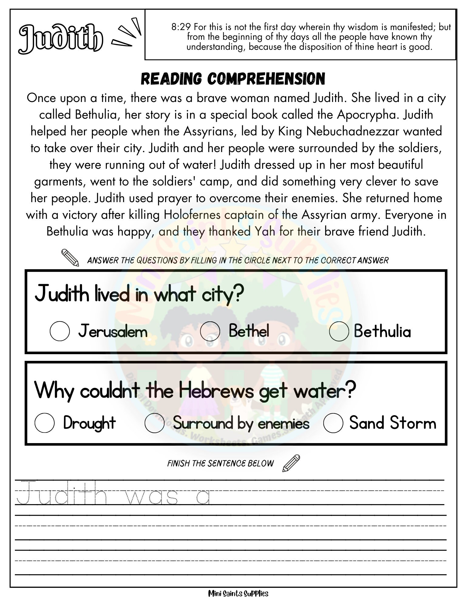 Book of Judith Mini Booklet Sunday School Bible Story Activities Bible ...
