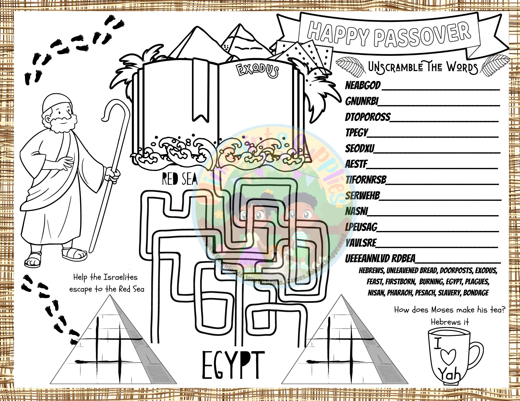 Passover Activity Placemat Kids Activity Passover Seder Placemat ...