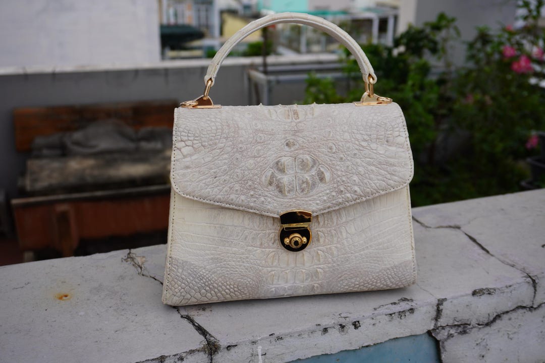 White Geniune Alligator Horn Leather Top Handle Bag/ Designer Bag ...