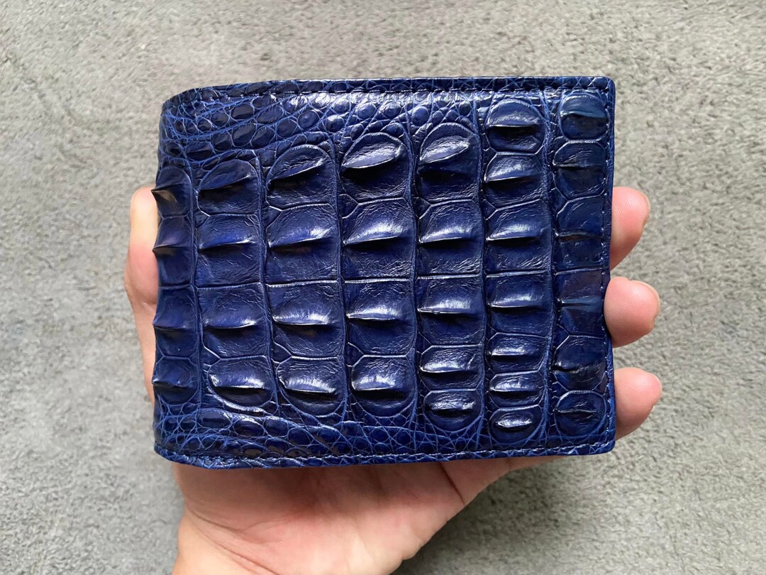 Navy Blue Alligator Horn Genuine Leather Men's Bifold Wallet, Premium ...