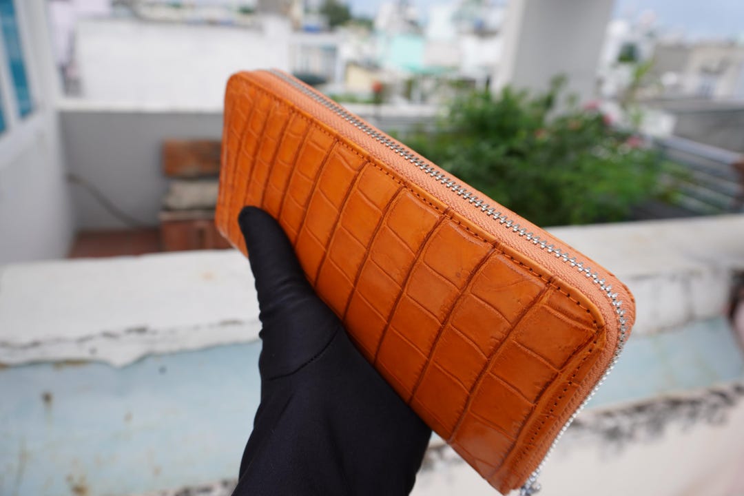 Handmade Orange Genuine Alligator Belly Leather Women's Bespoke Long ...
