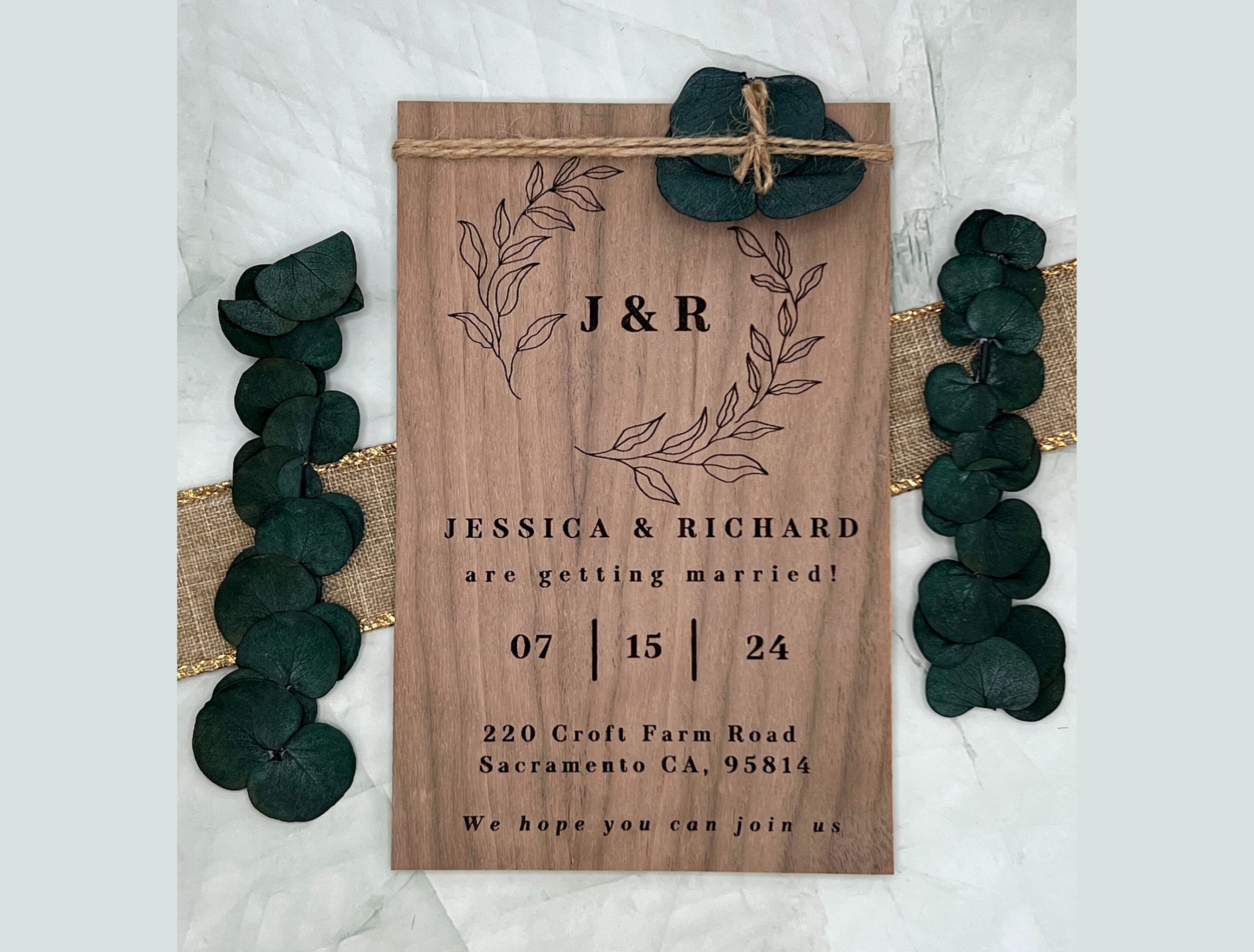 Eucalyptus Wooden Wedding Invitations, Rustic Wedding Invites, Wood ...